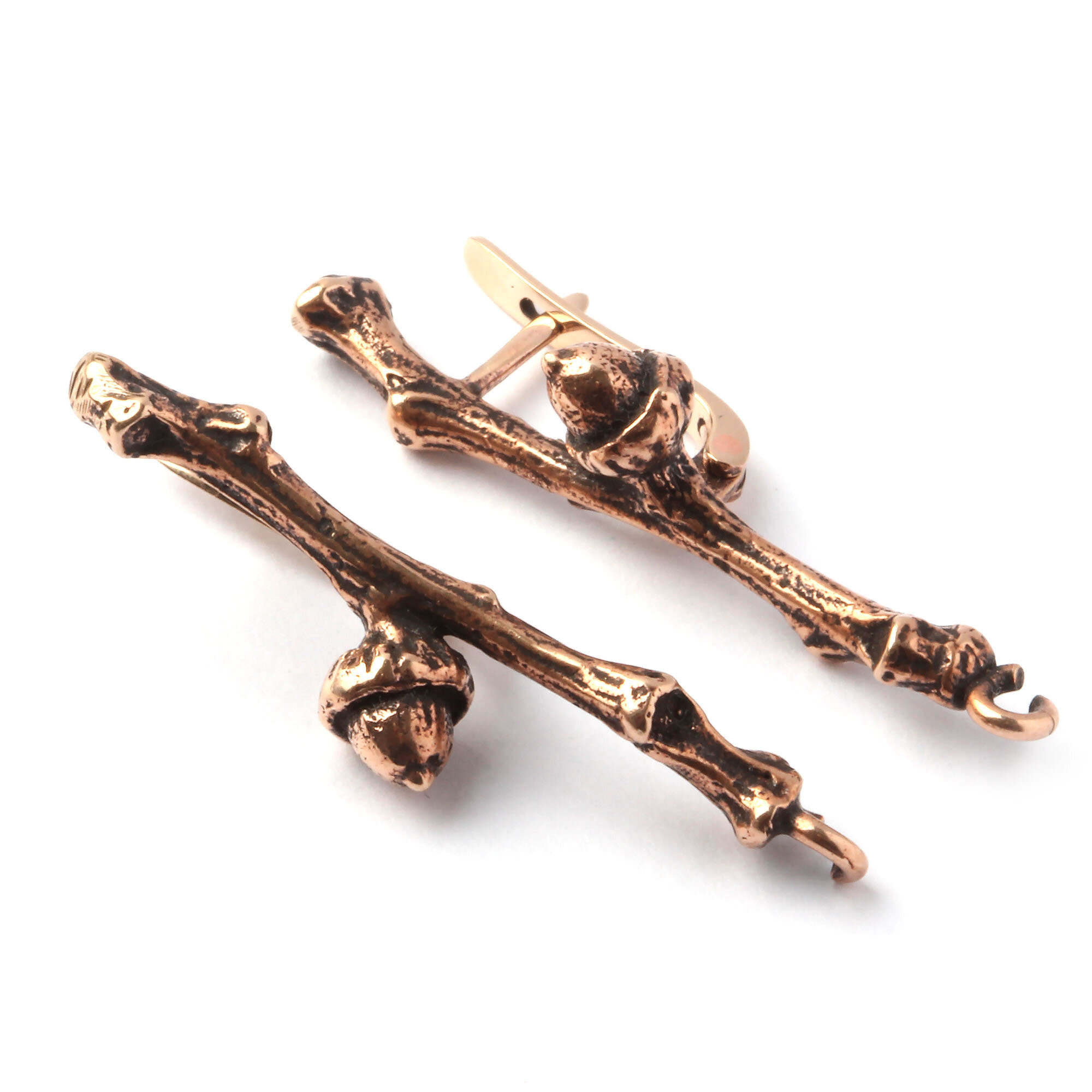 Швензы закрытые, 37.5х10мм, с английским замком, Anna Bronze, Веточка с жёлудем, базовый материал - бронза, цвет античная бронза (медный с чернением), пара