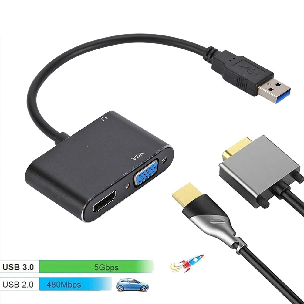 Кабель-адаптер2в1: USB-адаптердлямультимедийногоинтерфейсавысокойчеткостииVGA-адаптер. СовместимсUSB3.0-адаптером1080pдлямультимедийногоинтерфейсавысокойчеткостииVGA. ПоддерживаетWindowsXP, Windows7,8,10.