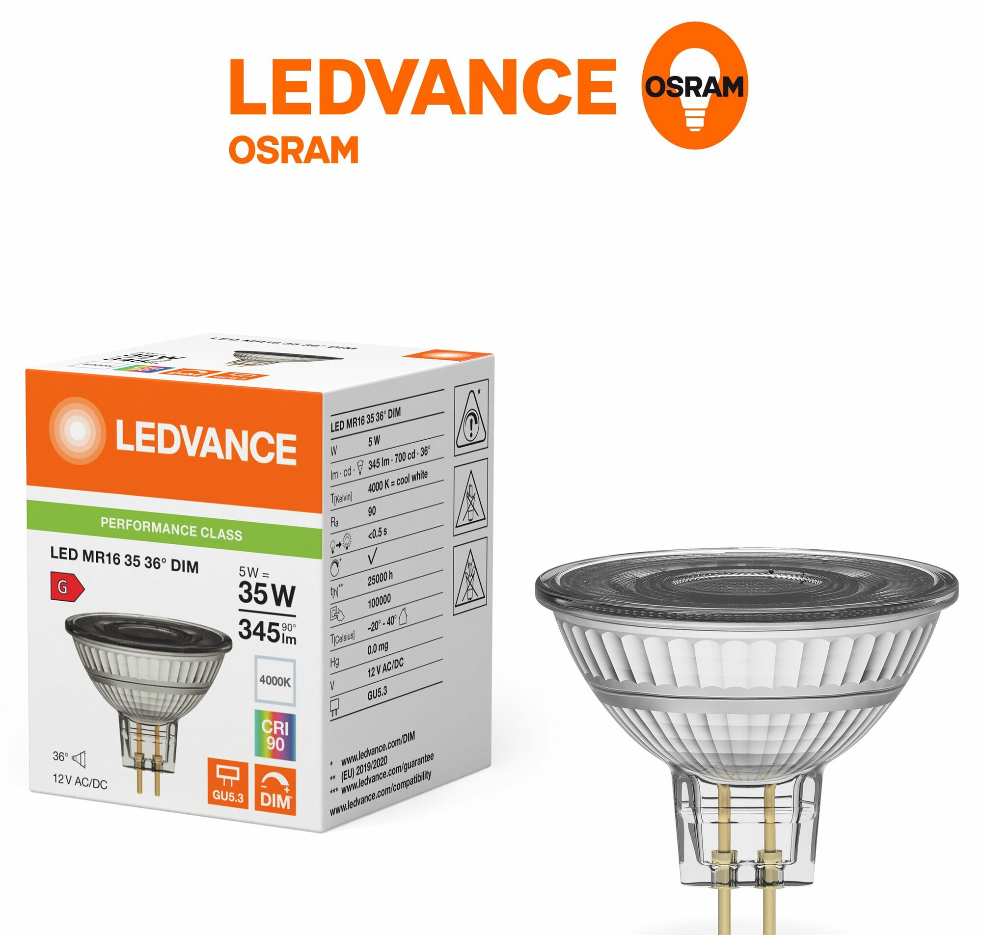 1шт/уп. Лампа LED Софит 5Вт 12В GU5.3 MR16 345Лм Ra90 Диммируемая Стекло Угол 36 град. 4000К Свет Дневной белый LEDVANCE-OSRAM, уп. 1шт