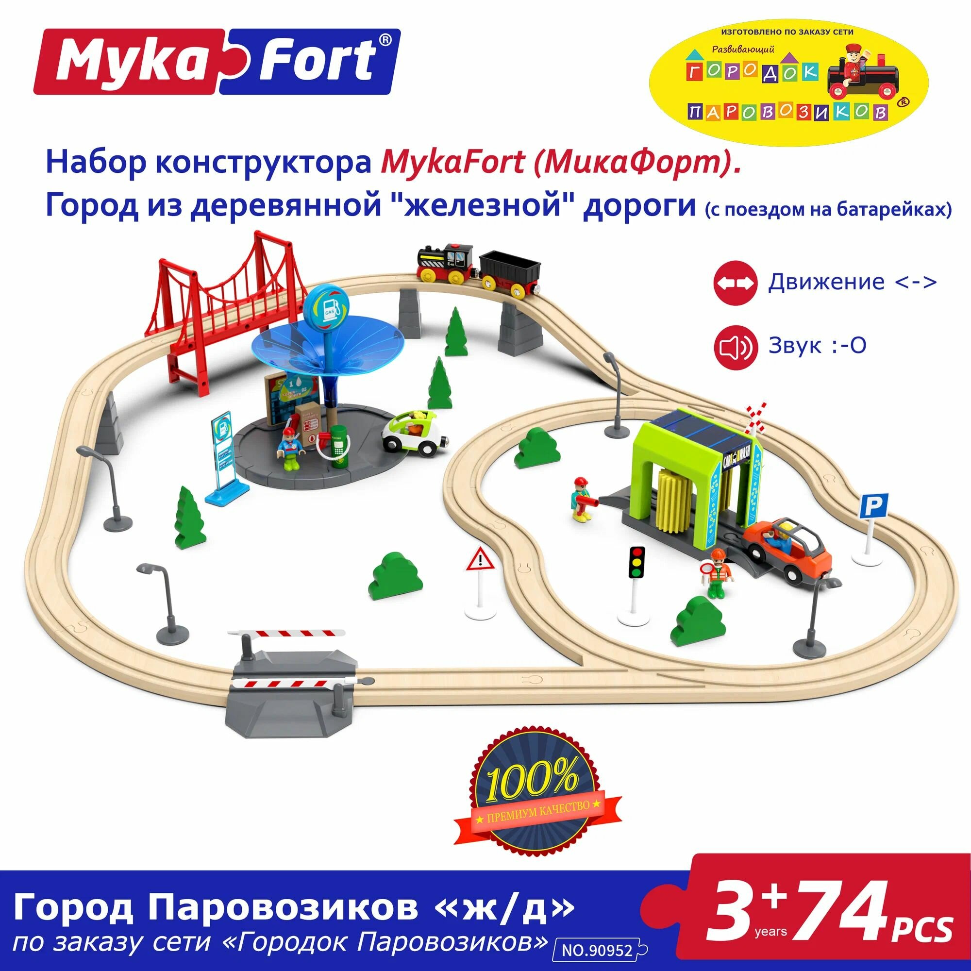 Железная дорога MykaFort (МикаФорт). Конструктор Город из деревянной "железной" дороги (с поездом на батарейках)