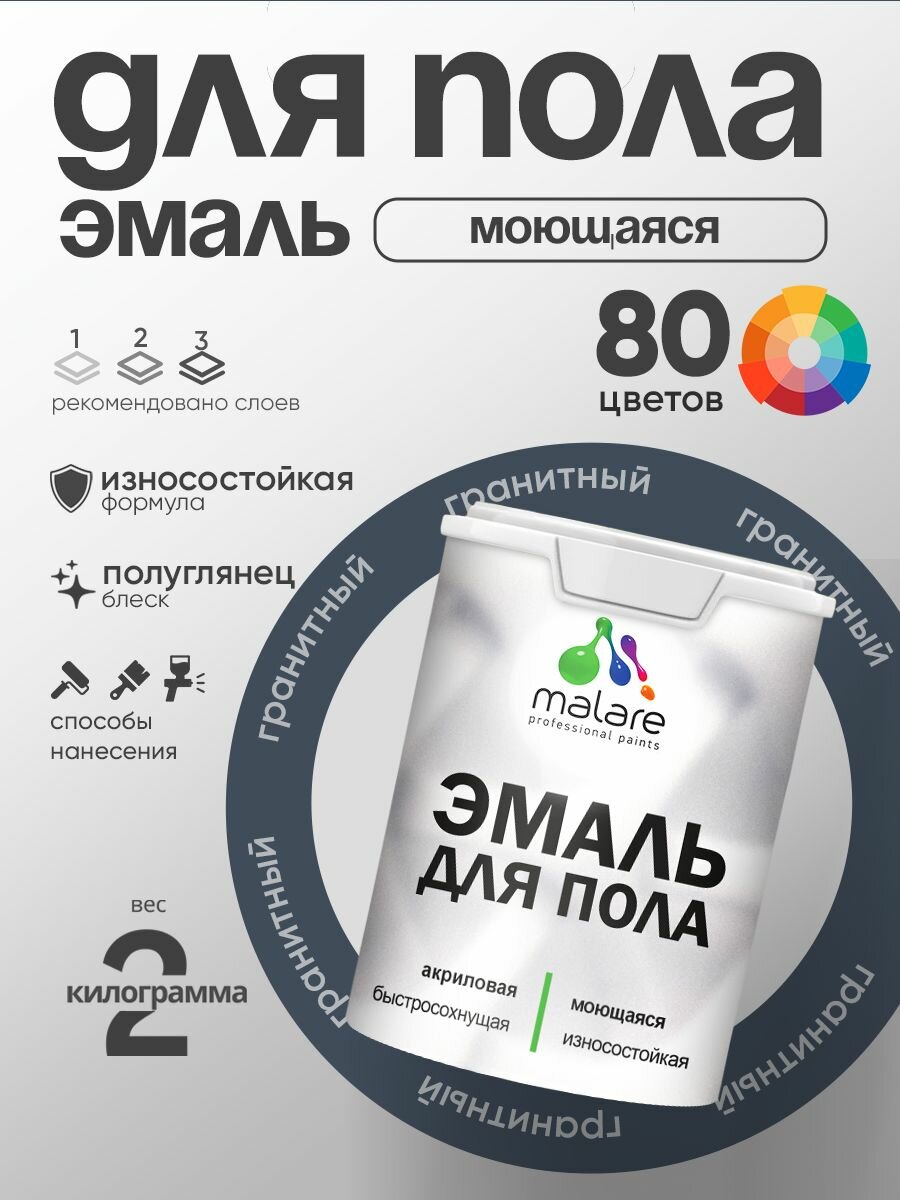 Эмаль Malare для пола акриловая, экологичная без запаха, износостойкая, быстросохнущая, моющаяся, полуглянцевая, гранитный, 2 кг.