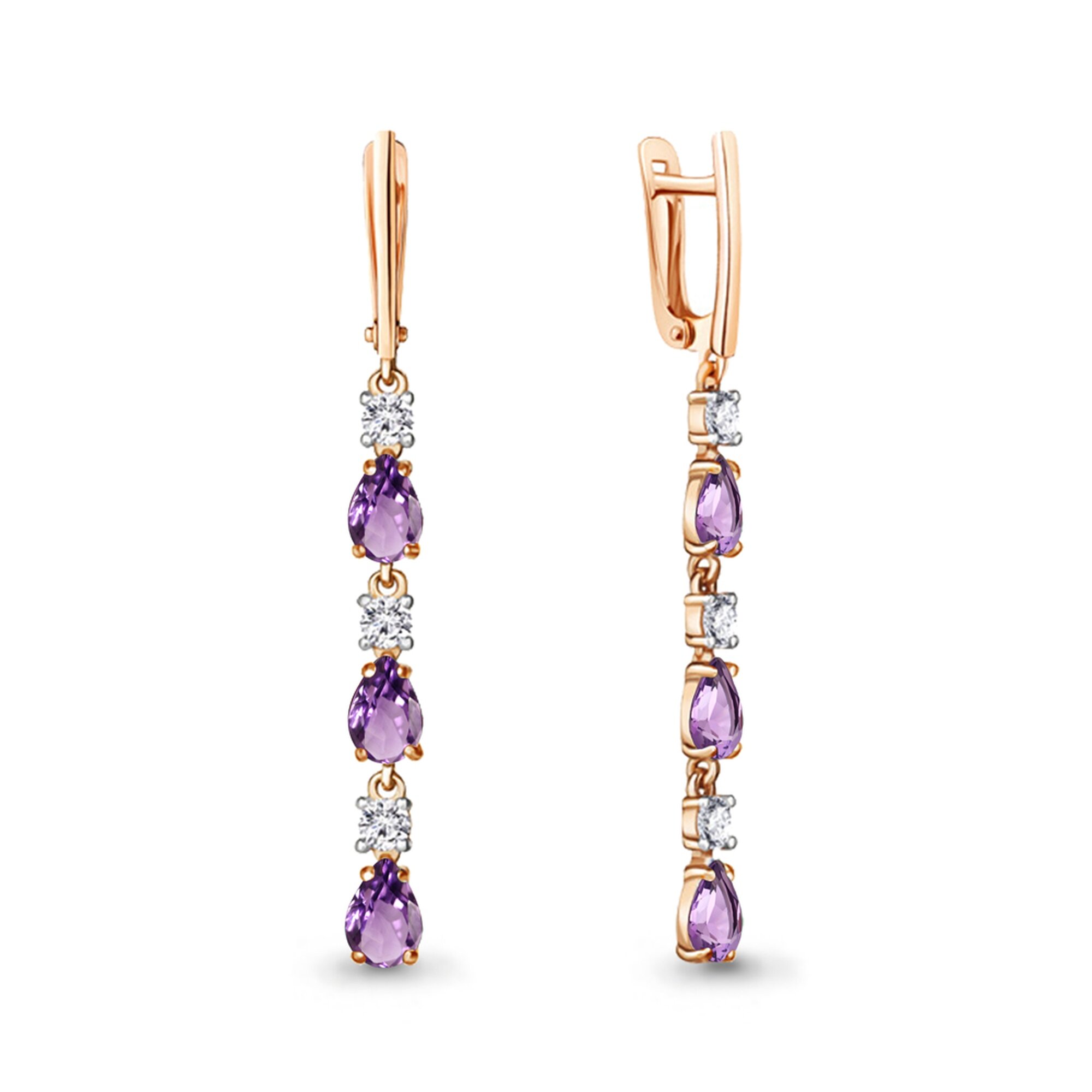 Серьги, серебро, 925 проба, золочение, аметист, фианит