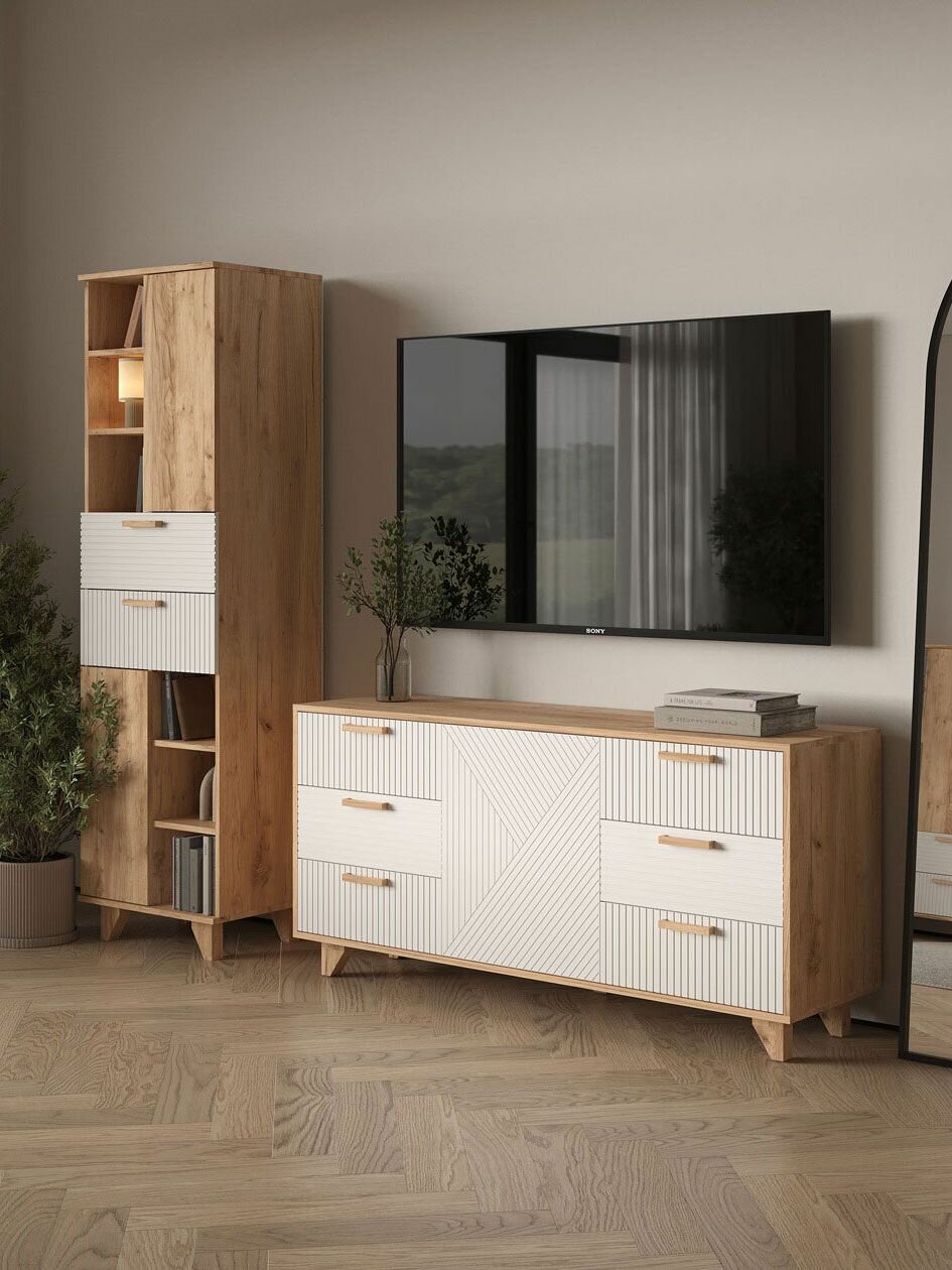 Гостиная комплект Ньерд, комод, стеллаж, 205х41х186 см, Дуб Вотан / Белый