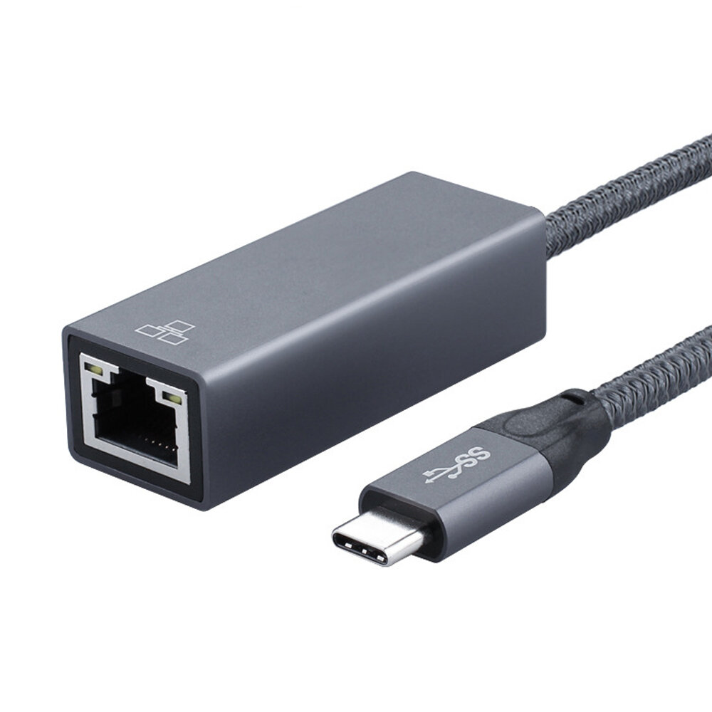 Адаптер Type-C to Ethernet USB-C to RJ45 с поддержкой 10/100/1000Mbps, совместимый с Mac OS, Android, Win7/8/10/XP, серый цвет, длина кабеля 0.2м, вес упаковки 36г, размер упаковки 180*110*18.5мм