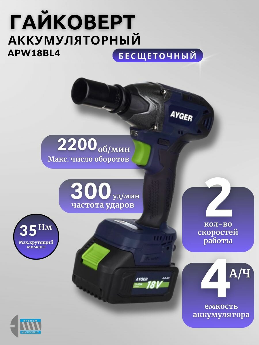 Гайковерт аккумуляторный Ayger APW18BL4 4Ah бесщеточный
