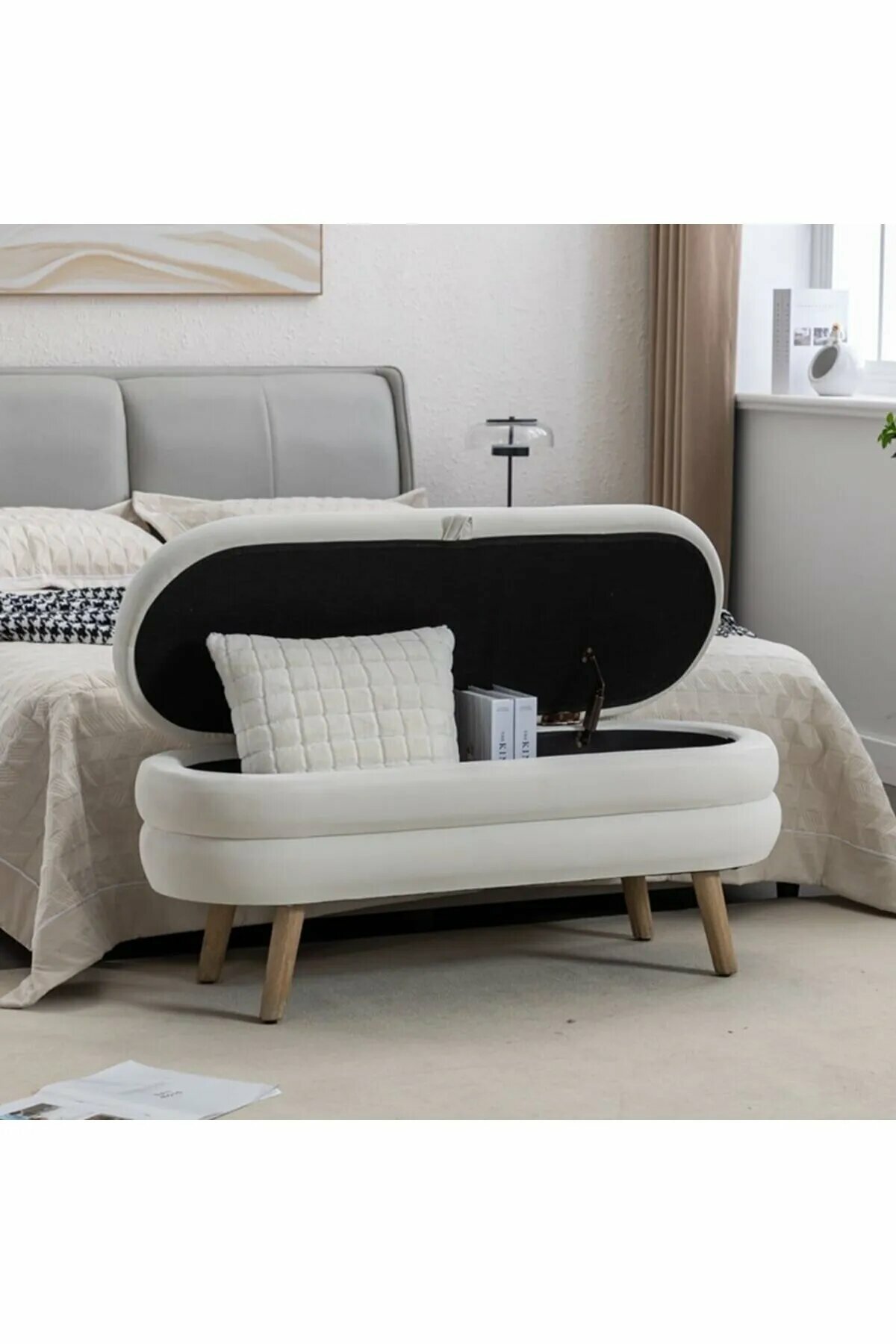 Банкетка 90х42х35см, с местом хранения, на ножках , белая, велюр , с выбором оттенка