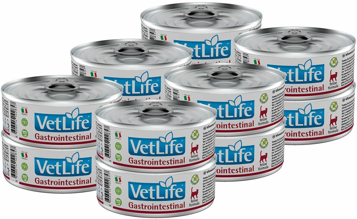 Диетические консервы для кошек Farmina Vet Life Gastrointestinal при заболеваниях ЖКТ, паштет , упаковка 12 шт * 85 гр