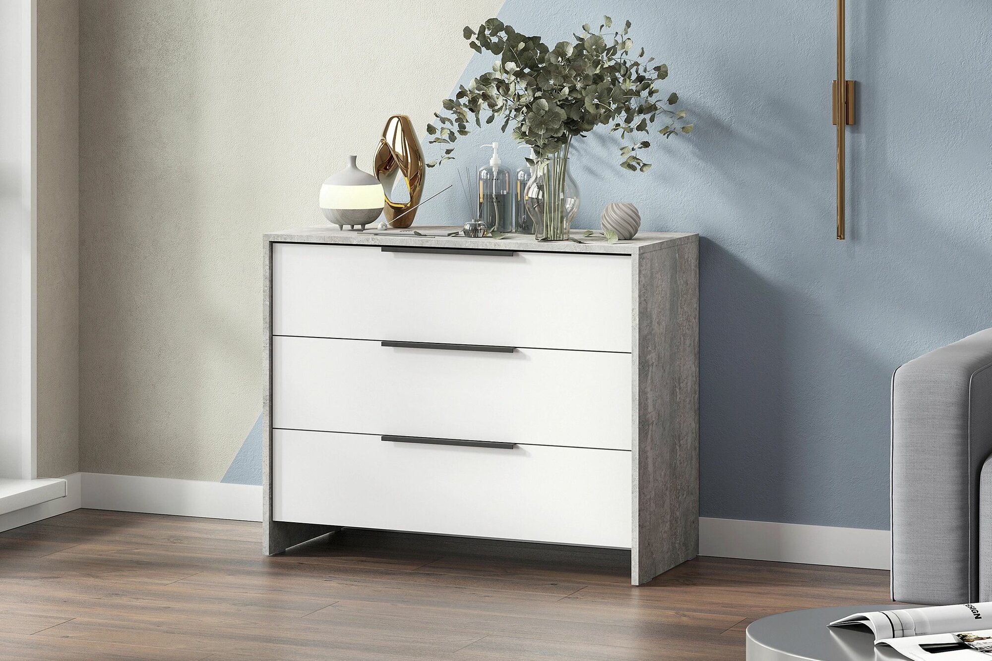 Комод c 3-мя ящиками Амели 1 цемент светлый / белый, 90.1х39х72.2 см