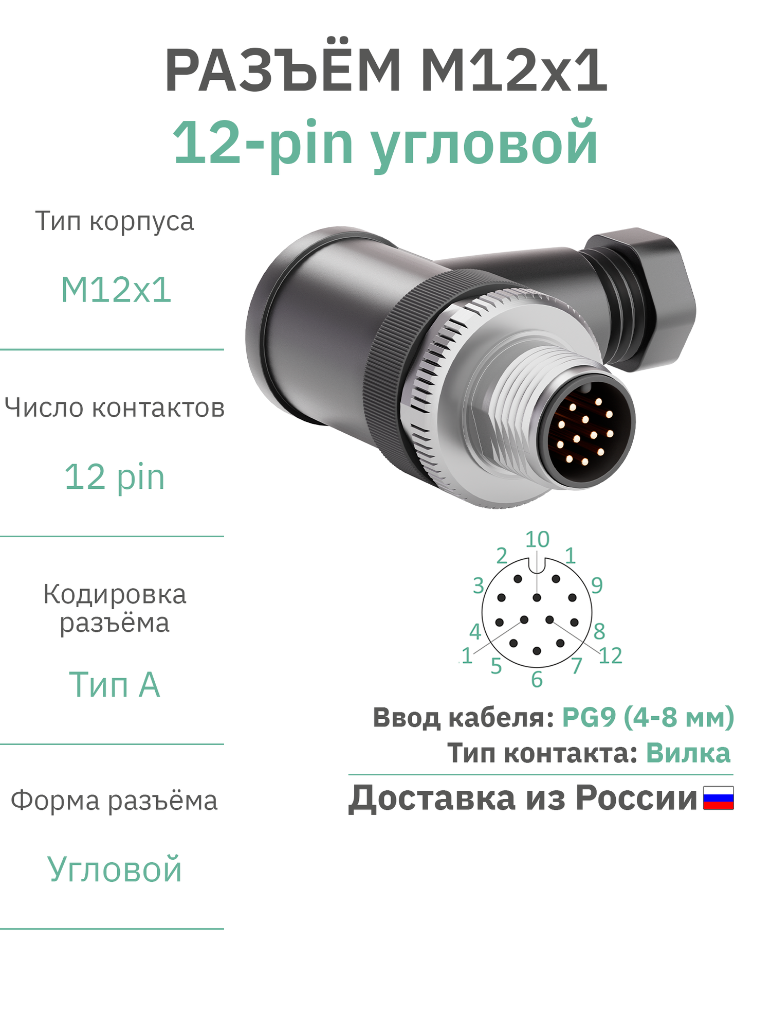 RAZM-M12-C12A-PG9 разъём М12 12 pin угловой / вилка (папа) / PG9 (6-8 мм диаметр под кабель)
