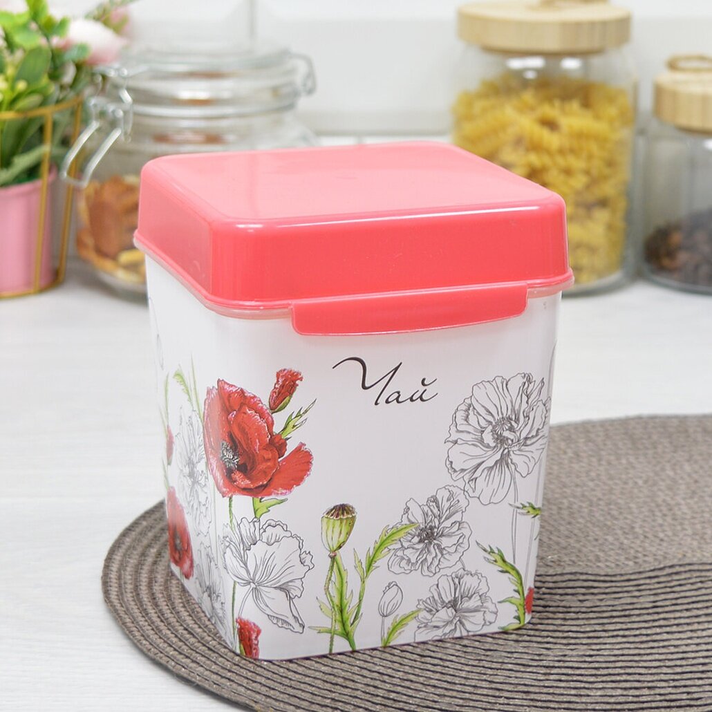 Контейнер для чая 'Маки' с ложкой, 1,2л, пластик, красная крышка