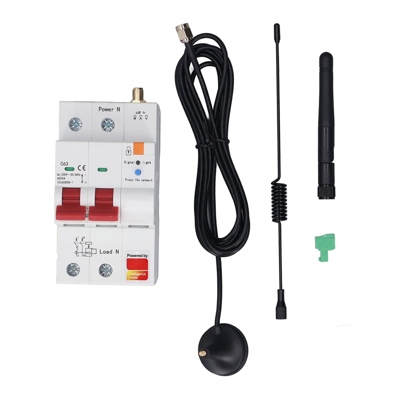 Умный двухполюсный автоматический выключатель на 63 А для дистанционного управления через мобильное приложение Tuya, питание от сети переменного тока 230 В.