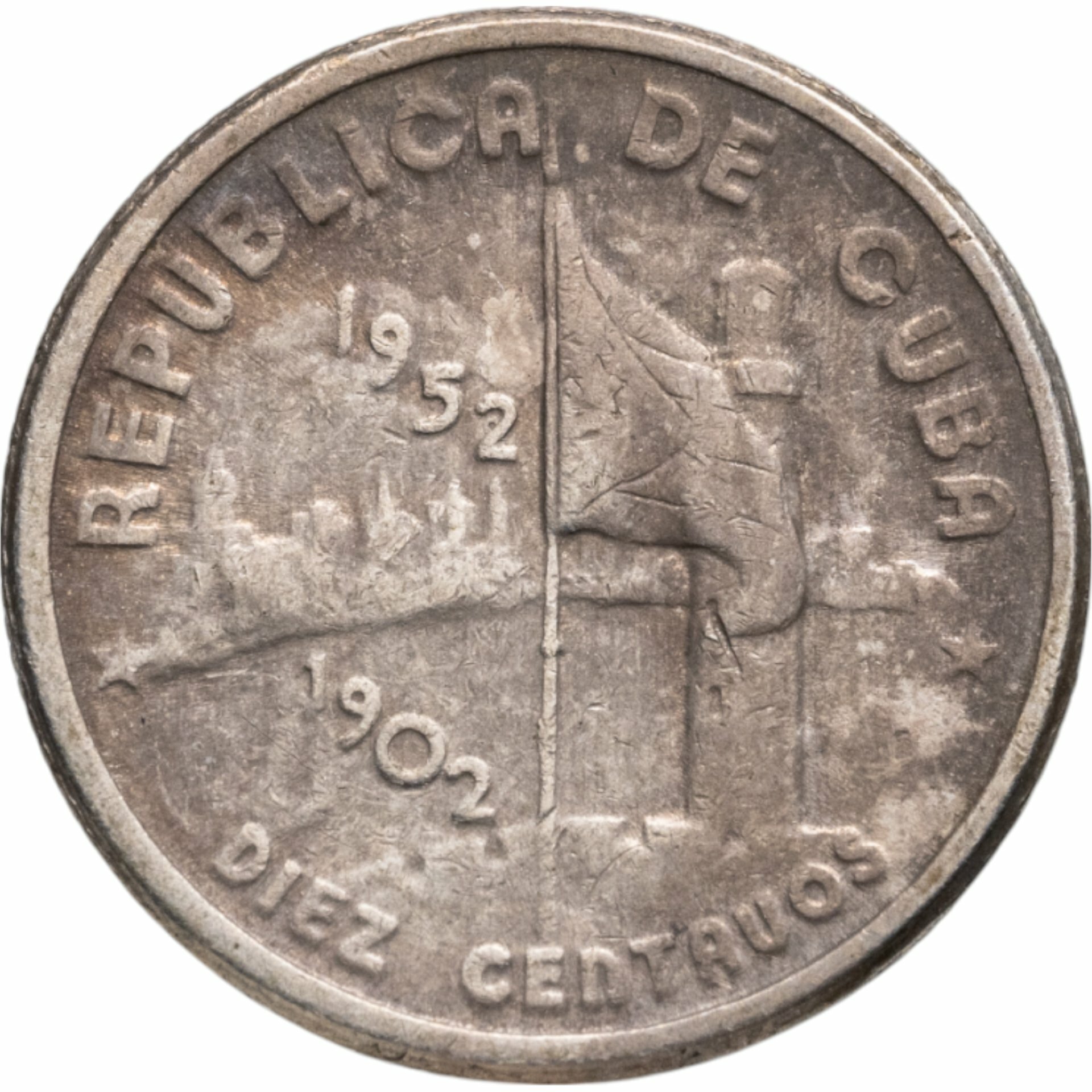 Куба 10 сентаво centavos 1952 50 лет Республике Куба, Серебро 900, в сохранности VF