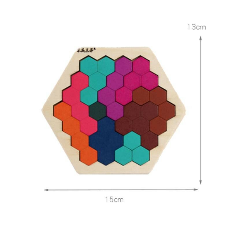 Wooden hexagon shape puzzle with multicolor 3d elements for early childhood learning, colorful puzzle