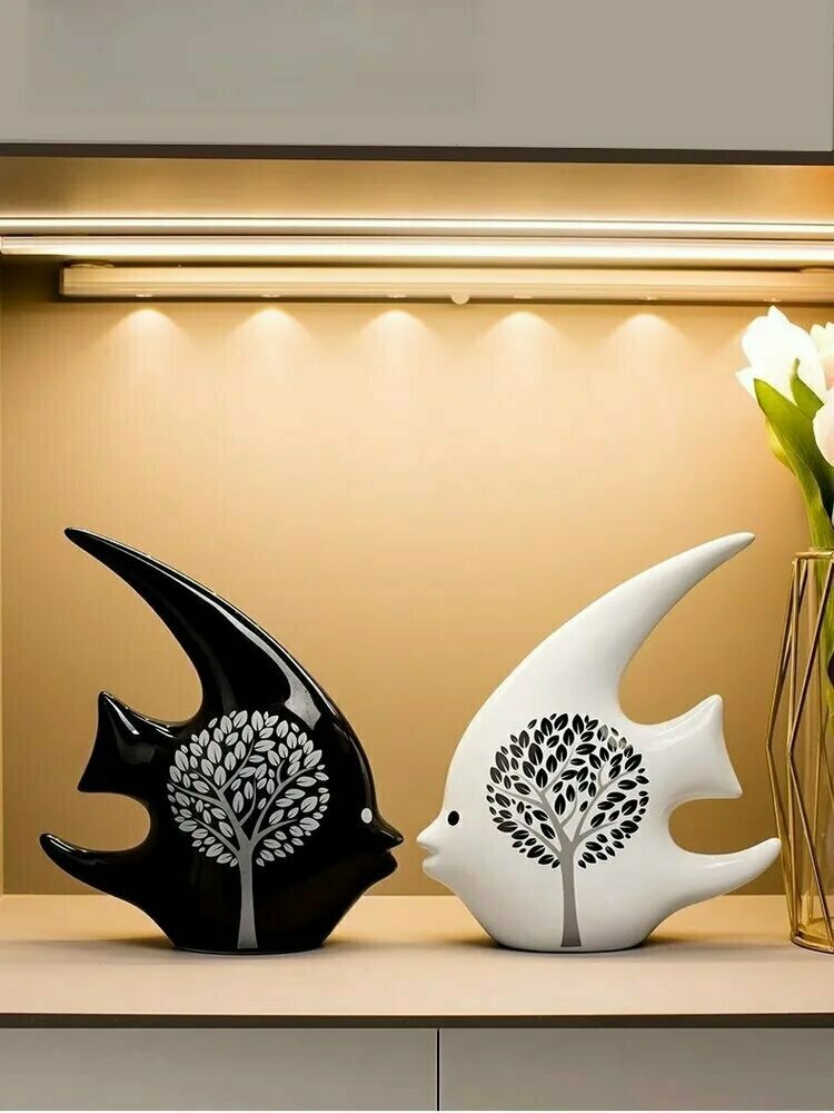 Керамические рыбы ручной росписи с деревом (пара) Декор для дома, подарок на свадьбу