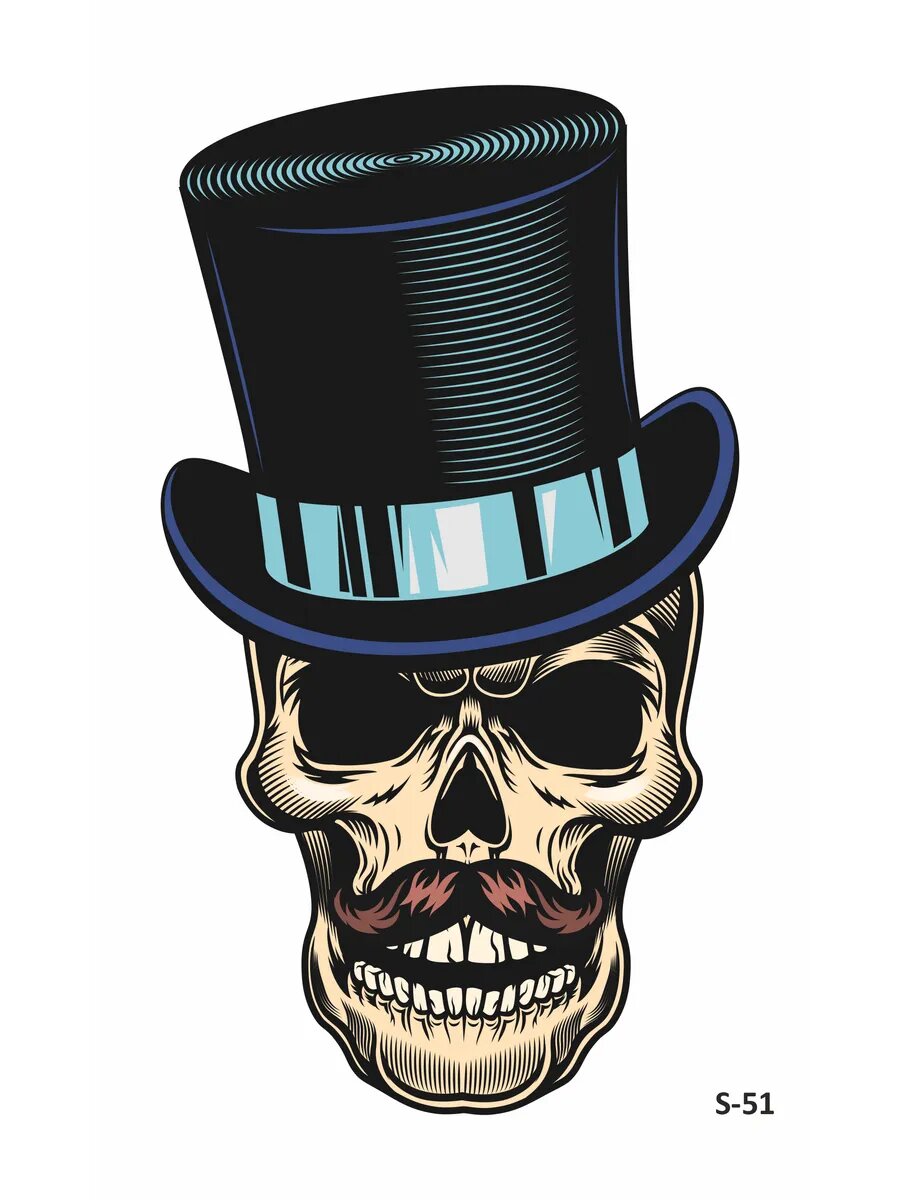 Тату переводные долговременные, наклейка череп в шляпе