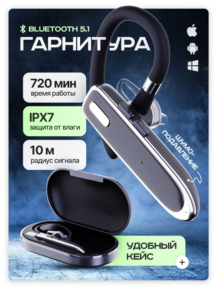 Беспроводная гарнитура bluetooth для телефона с микрофоном Блютуз наушник на ухо