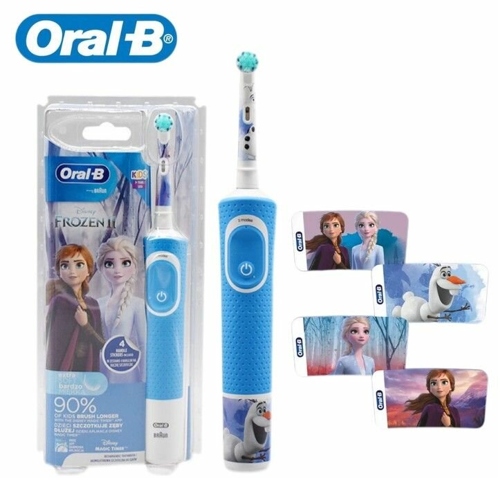 Электрическая зубная щетка Oral-B Vitality Kids D100K, Frozen,1шт насадка, 4 длинные наклейки, Белый, синий