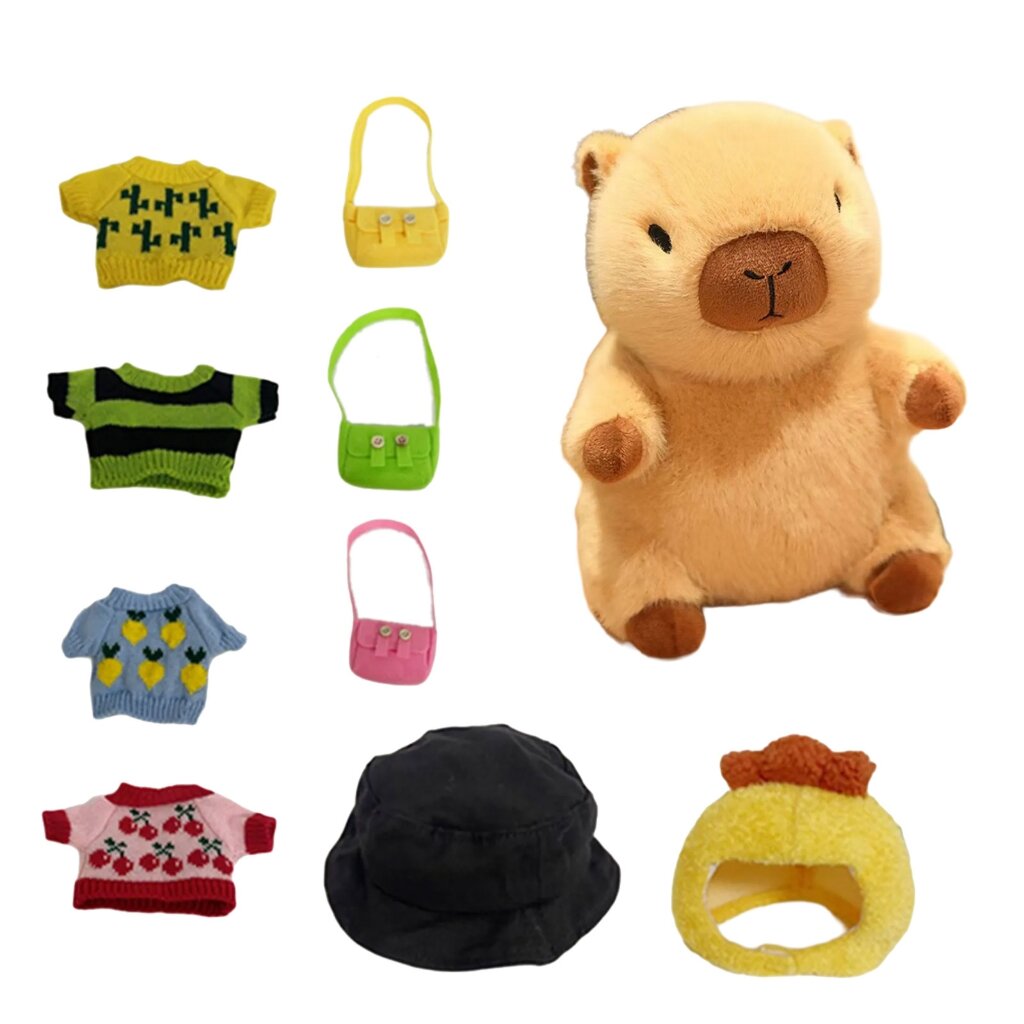 Плю шевая игру шка, Капибара с нарядами черная шляпа,1 комплект 10 предметов