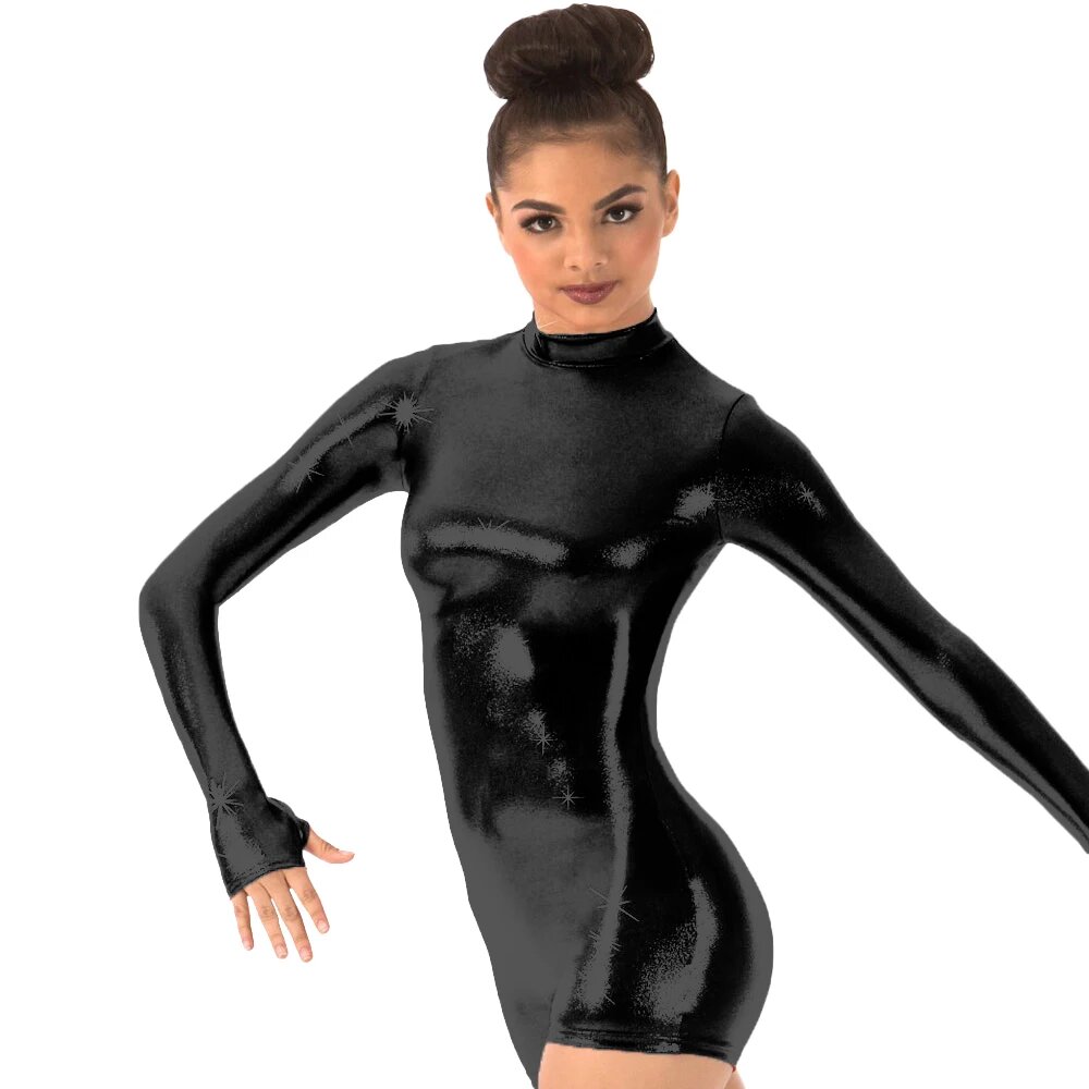 LZCMsoft Блестящий Металлический Балетный Комбинезон Черный, L, black