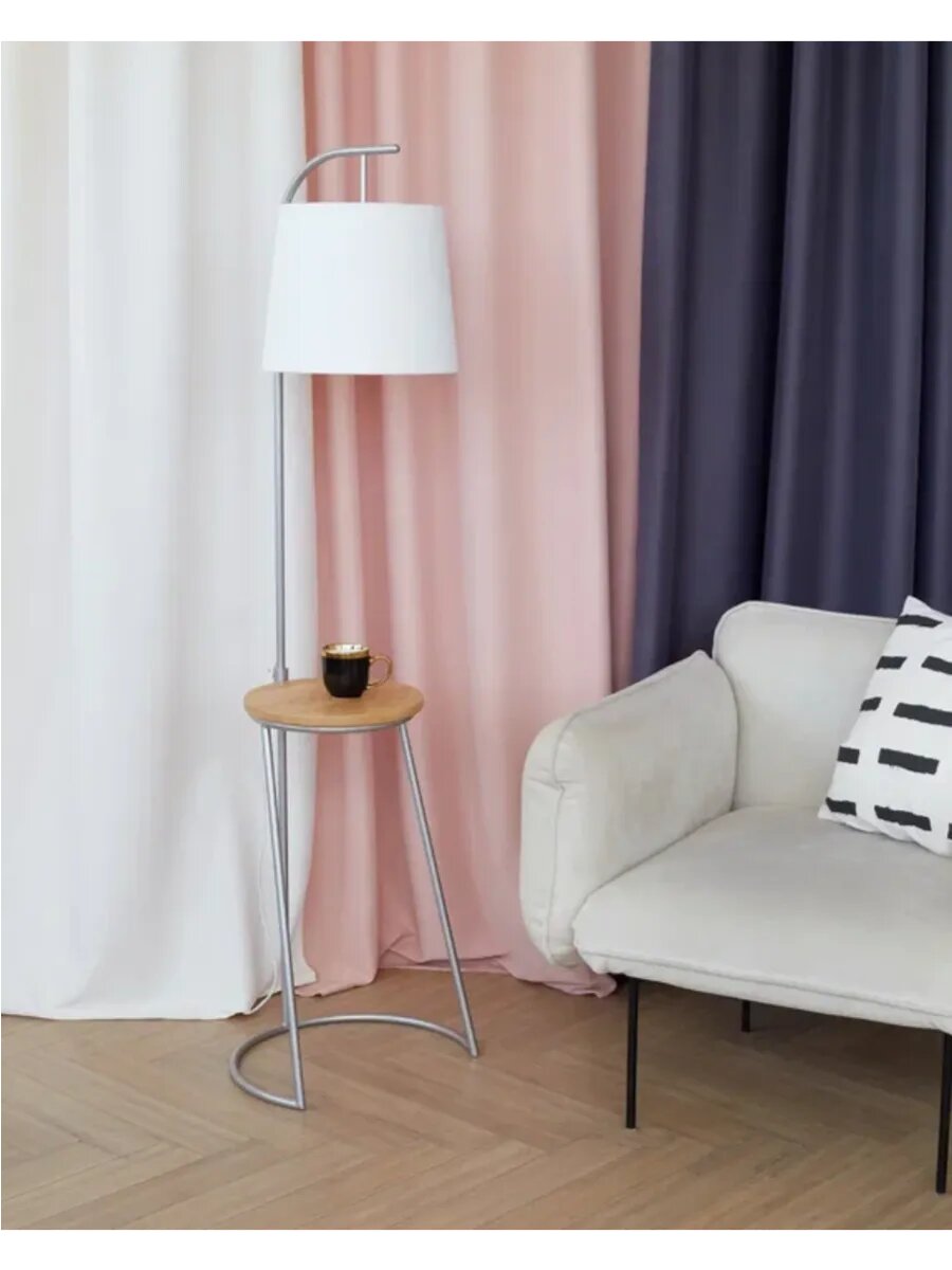 Торшер напольный серебристый с белым абажуром в стиле лофт со столиком, светильник напольный классический, Гермес, E27