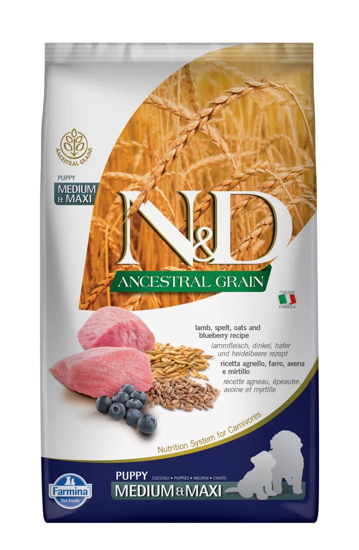 Корм сухой FARMINA ND ANCESTRAL GRAIN DOG Lamb Blueberry PUPPY MEDIUM MAXI для щенков средних и крупных пород с ягнёнком, 2,5кг