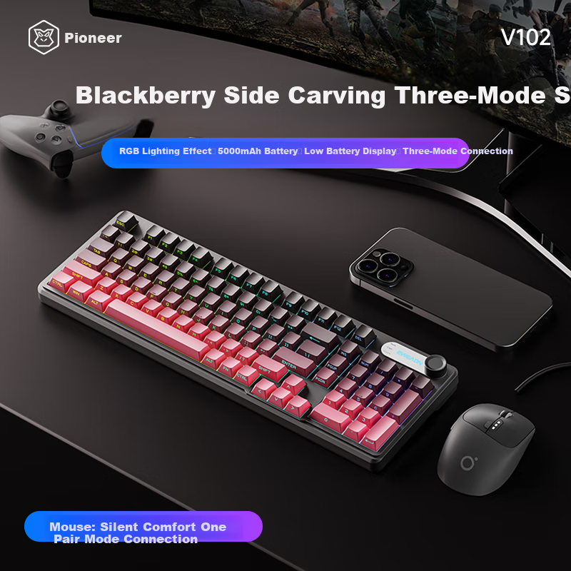 Pioneer V102Ultra Wireless Keyboard and Mouse Set Bluetooth Wired Three Modes with Screen Mechanical Touch Silent Office Thin Film Keyboard Computer iPad Notebook Universal BlackBerry