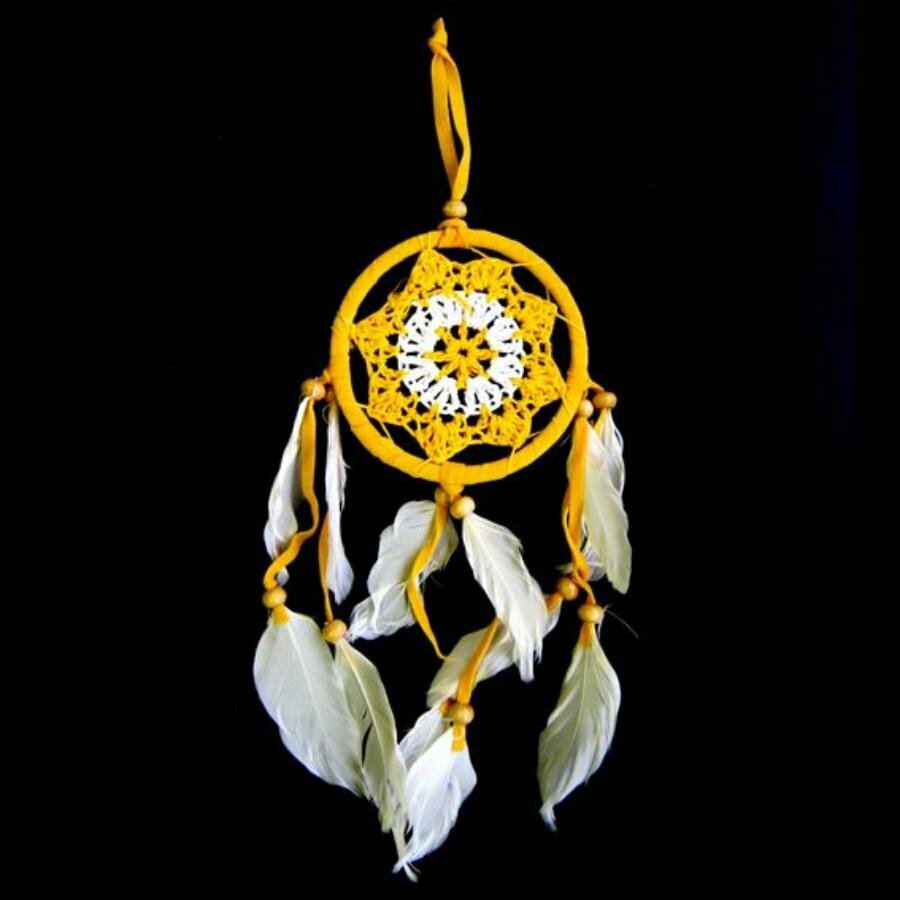 Ловец снов жёлто-белый круг С белыми перьями (9-35 см.), 1 шт.