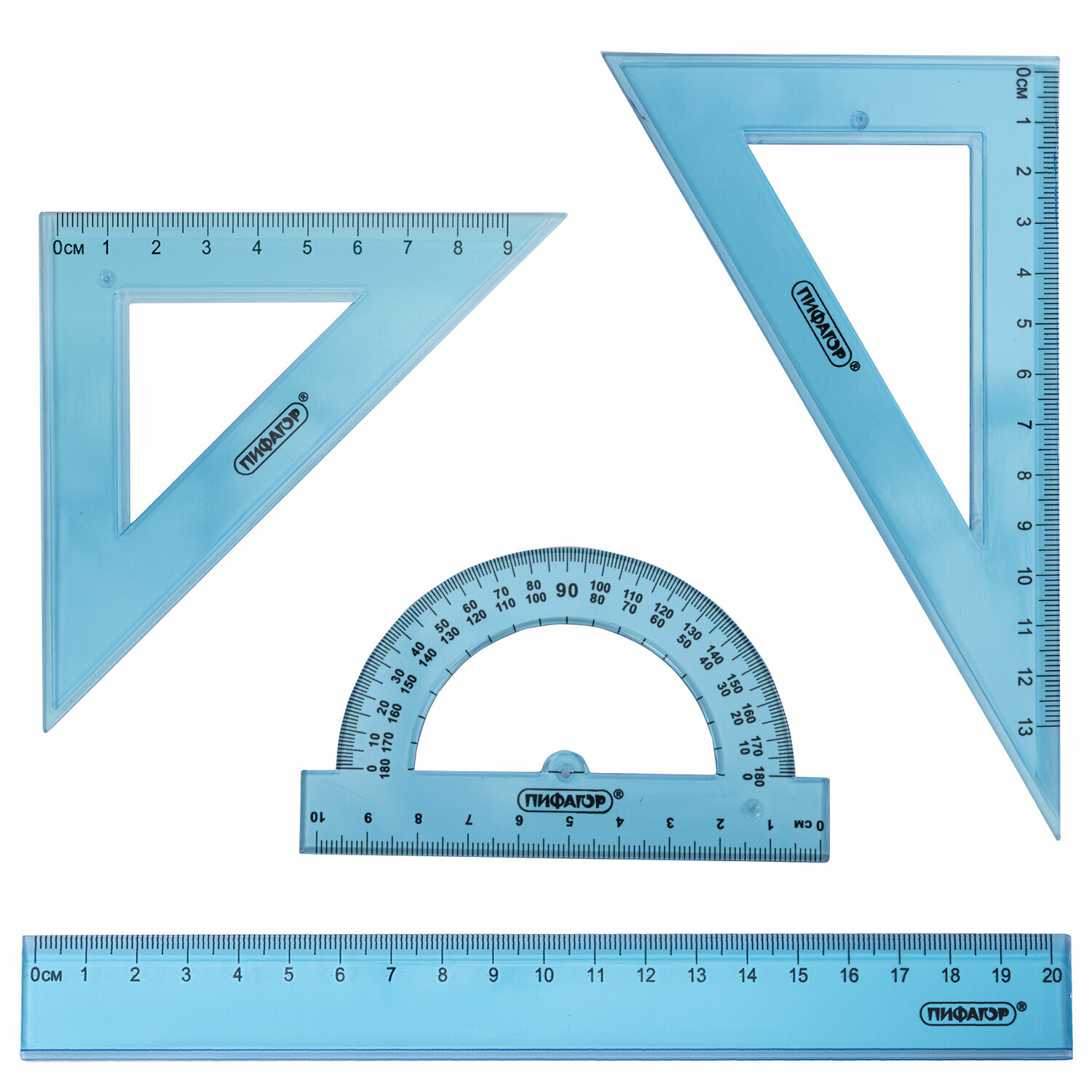 Упаковка 12 шт. Набор чертежный пифагор (линейка 20 см, 2 треугольника, транспортир), тонированный, европодвес, 210854