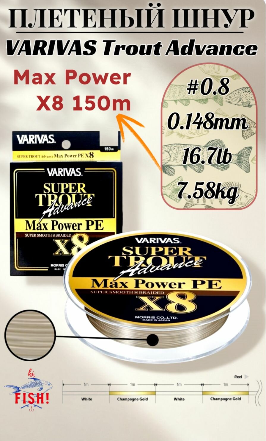 Шнур Varivas Trout Advance Max power PE X8 150m #0.8 (0.148mm/16.7lb/7.58kg)