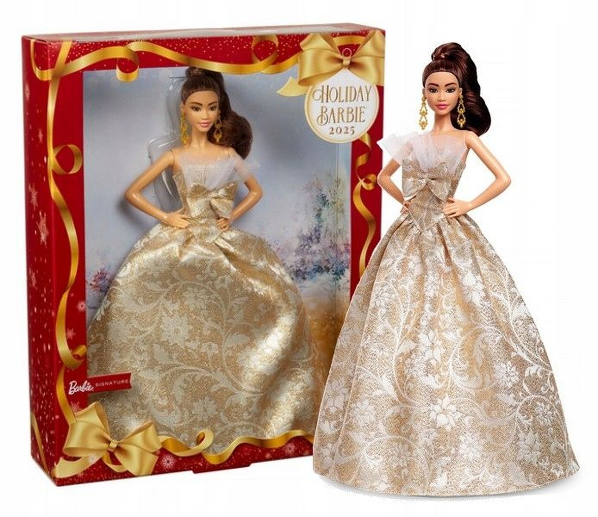 Кукла Mattel Barbie Signature - Коллекционная кукла брюнетка в блестящем платье с серебряно-золотым узором - Барби JBH96