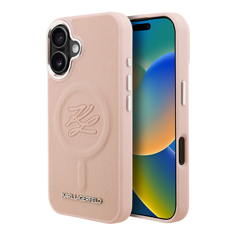 Karl Lagerfeld чехол MagSafe для iPhone 16, PU-кожа Initials & Metal logo, розовый