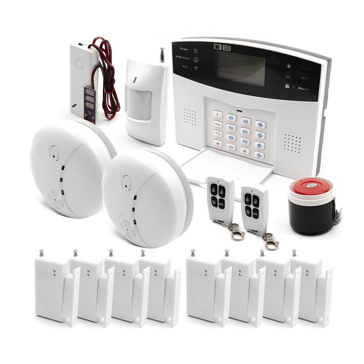 Набор: беспроводная пожарно-охранная GSM / 4G сигнализация Страж Сигнал-GSM-15 (99зон) (K6585RU) с 15 разными датчиками в комплекте для загородного д