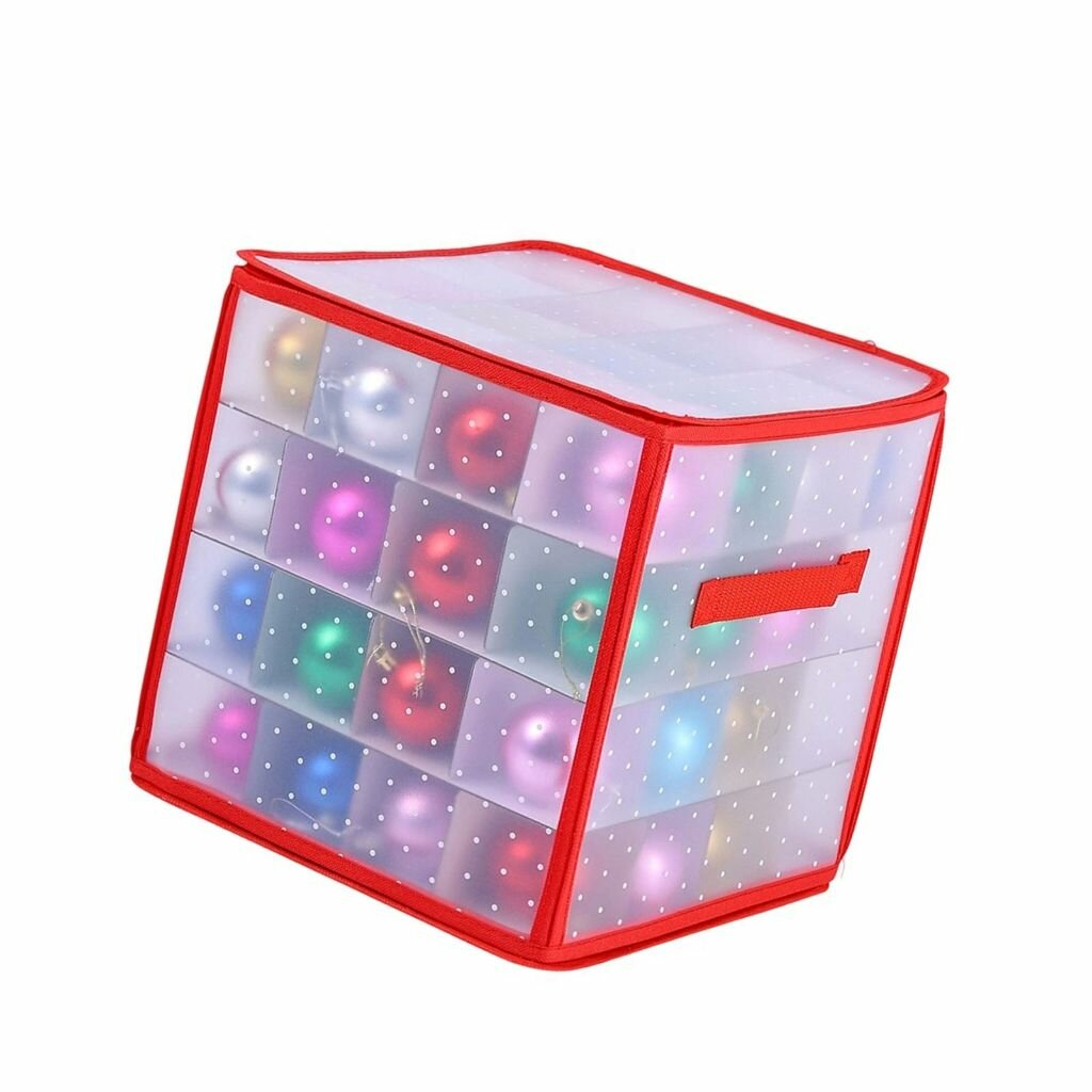 Складная коробка для хранения рождественских шаров из 64 сеток с застежкой-молнией-белые точки и красные края