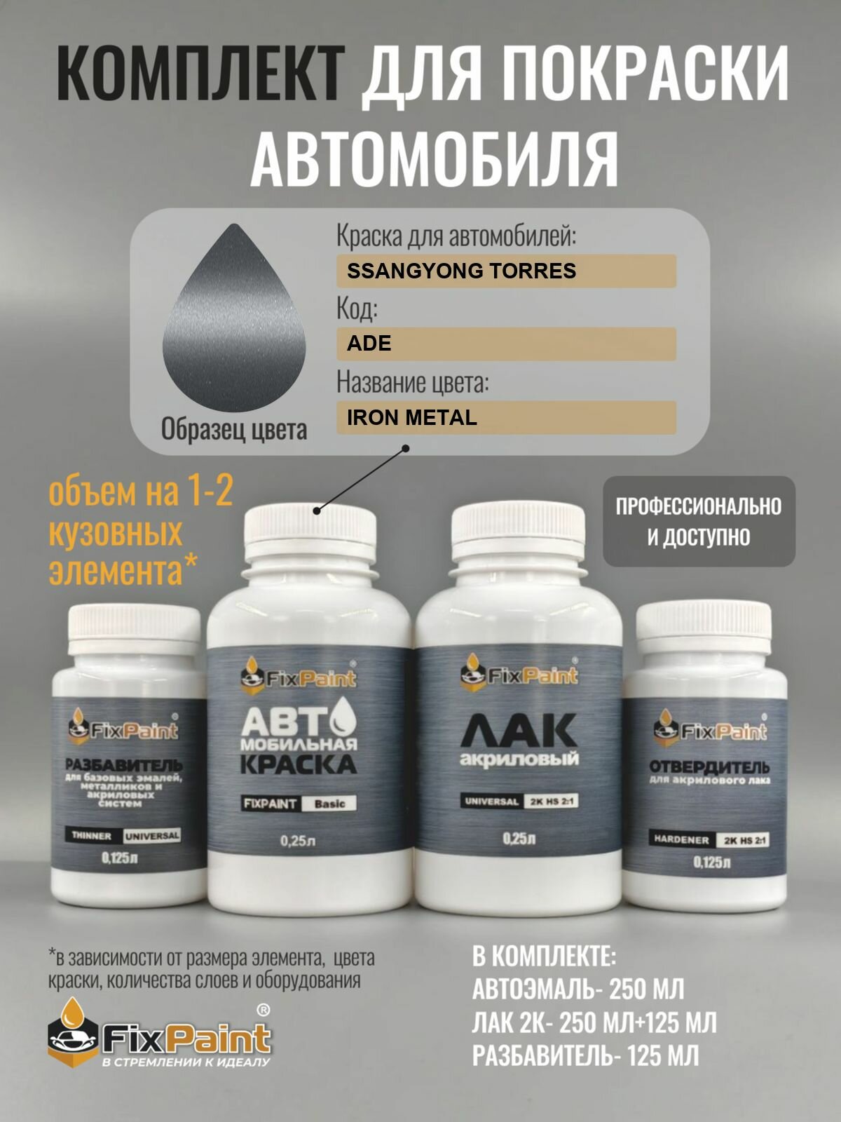 Комплект для покраски SSANGYONG TORRES, код ADE, IRON METAL, базовая автомобильная краска 250 мл, лак 2K 250 мл с отвердителем, разбавитель 125 мл, FixPaint Pro
