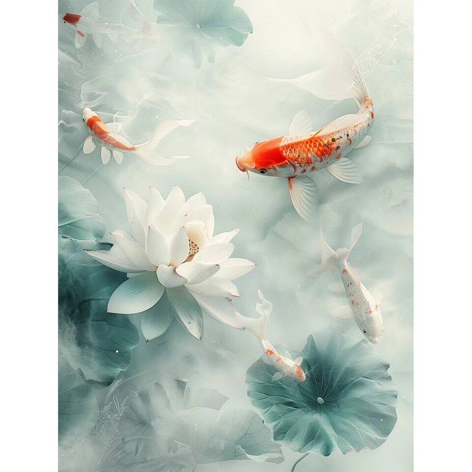 Алмазная живопись 5D "Рыба, карп, лотос", полная выкладка 40x50cm round, MX674
