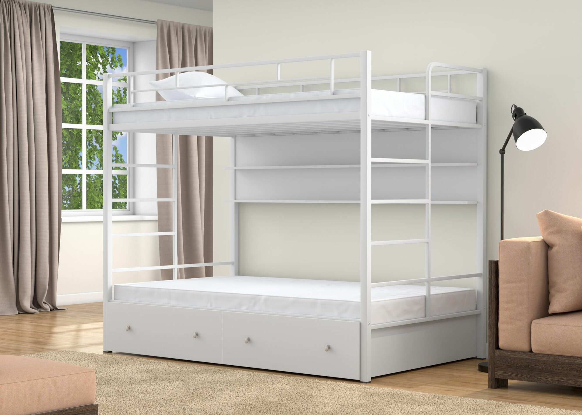 Двухъярусная кровать Валенсия 120 Твист Белый с ящиками и полкой Белый