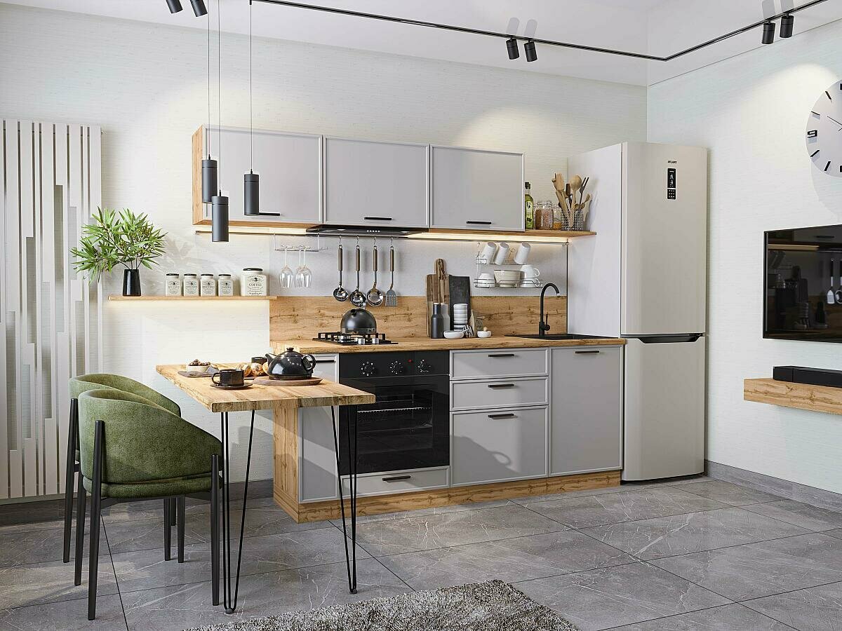 Готовый кухонный гарнитур кухня 2,3 м. без столешницы Фрейм-01 Grey Silk, Дуб Вотан 230х178х60 см