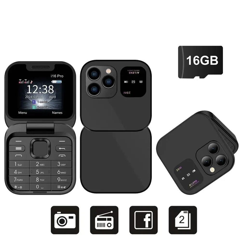 Смартфон-раскладушка SERVO I16 Pro Mini С Двумя SIM-картами, Черный, Черный, black N16 GB TF card