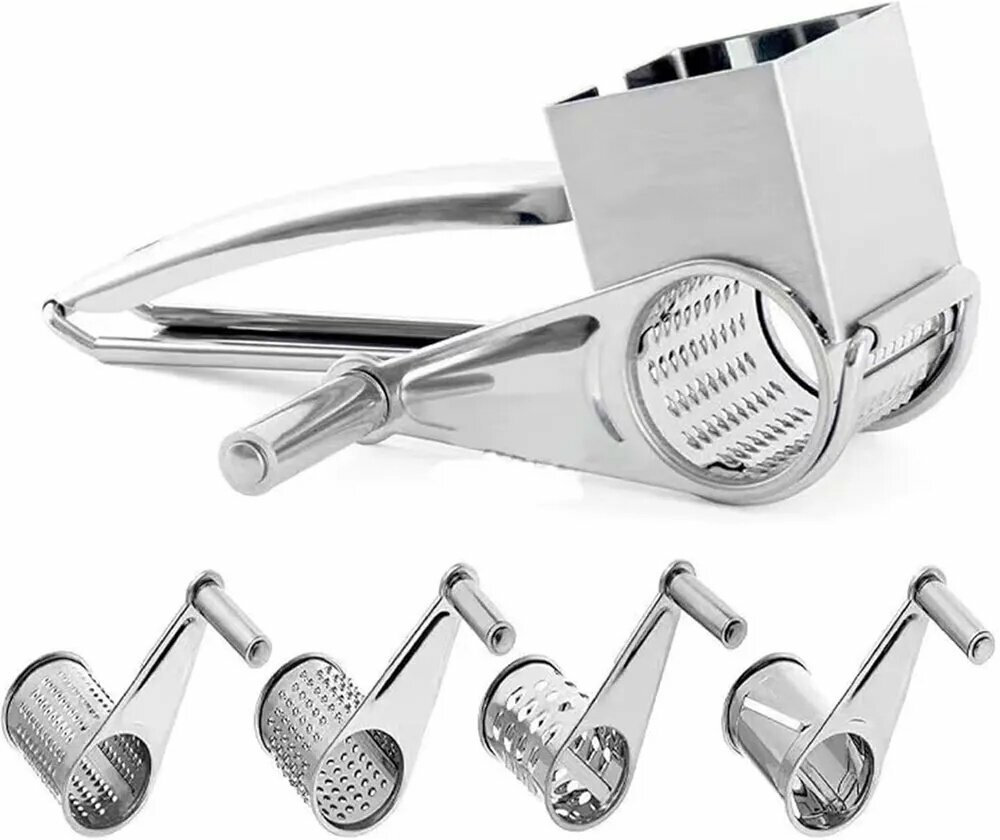 Вращающаяся терка для сыра из нержавеющей стали с 4 лезвиями - Ручная терка для пармезана, чеснока, имбиря, овощей, орехов