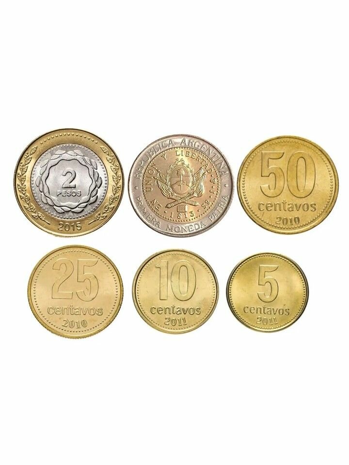 Набор 6 монет Аргентина 5-10-25-50 Сентаво и 1-2 песо 2010-2016 г.