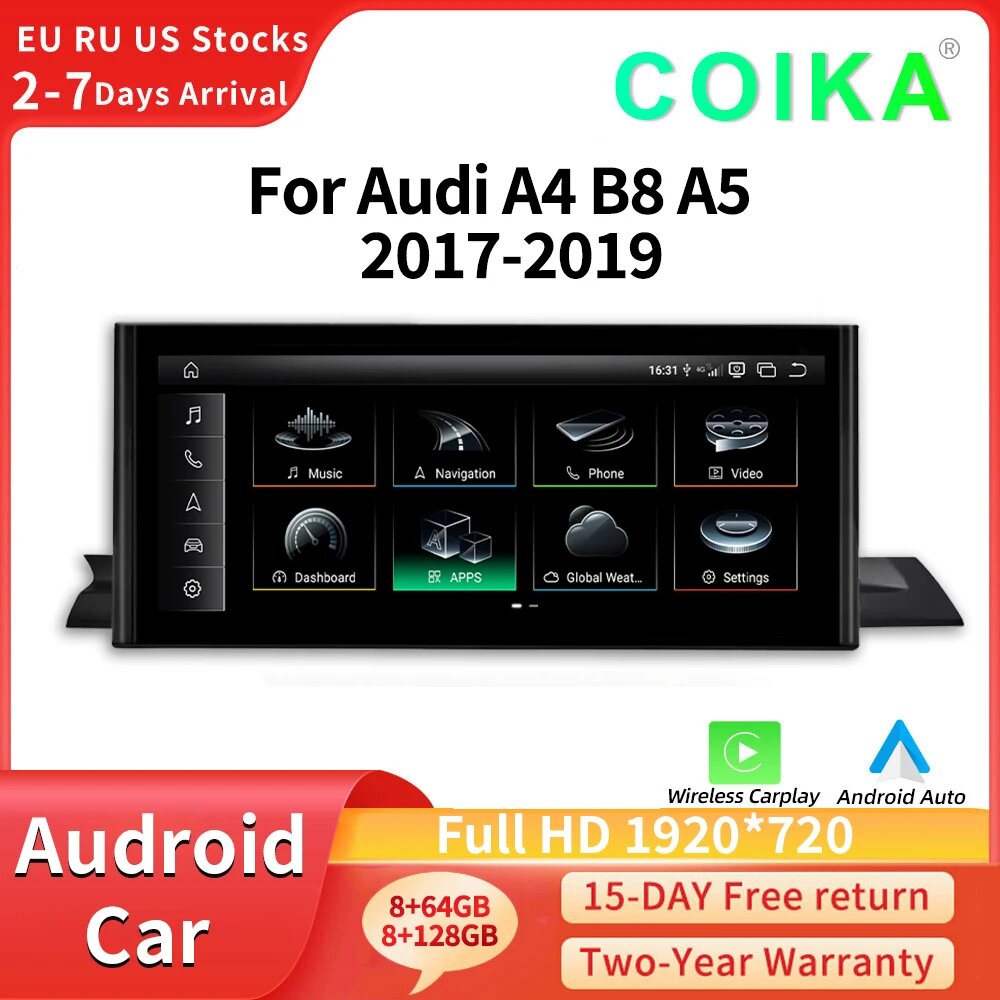 Стерео с сенсорным экраном COIKA для Audi A4 B9 A5 2017-2019 Android 14 8 + 128 ГБ ОЗУ WIFI 4G Wireless Carplay Auto GPS Navi BT Player 12.3 8-128GB RAM
