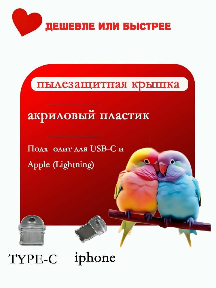 Акриловая 2D пылезащитная заглушка с брелком для смартфона разъем Lightning Type-C, 1 шт