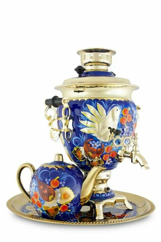 Электрический самовар с автоотключением 3 л Желудь в наборе с росписью Птица на синем