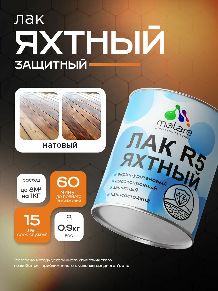 Яхтный лак Malare R5 Professional для дерева металла и минеральных поверхностей, износостойкий, акрил-уретановый, универсальный, прозрачный матовый, 0.9 кг