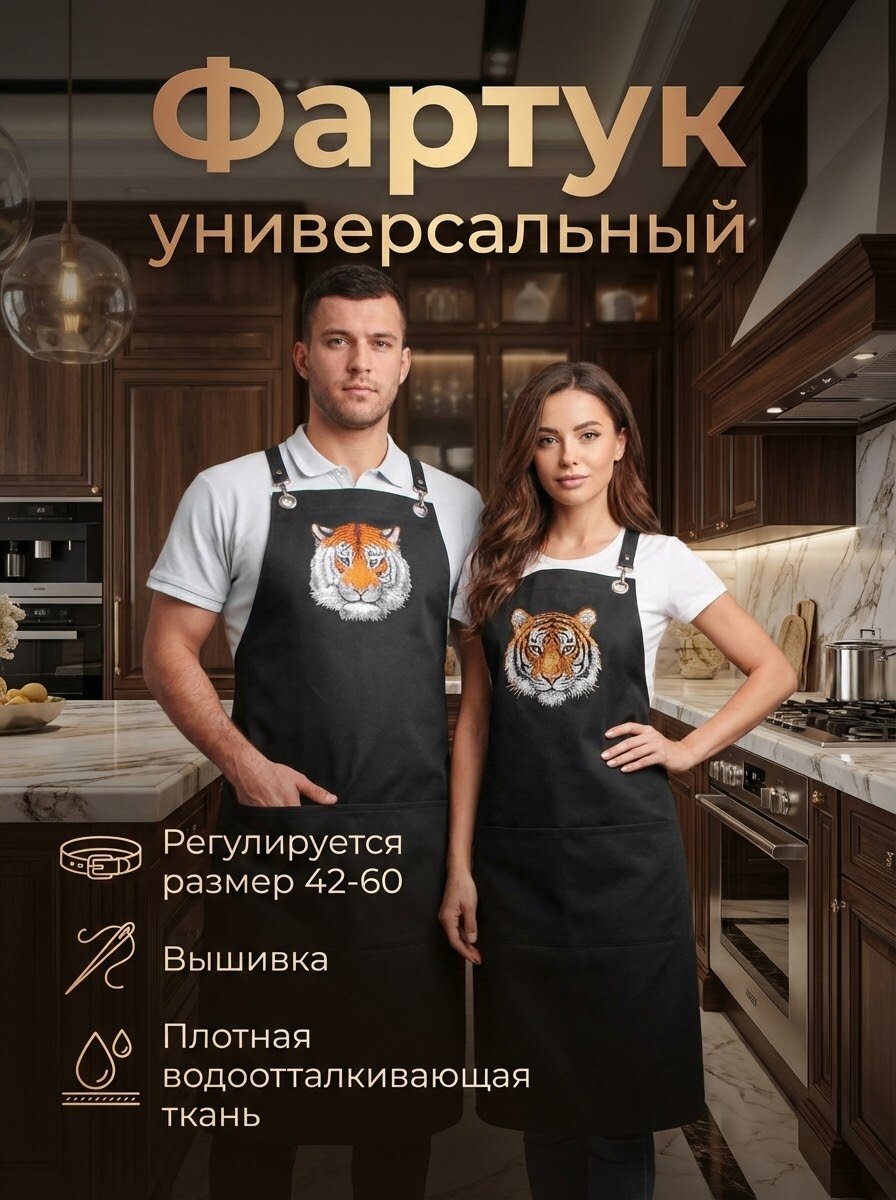 Фартук Мужской и женский с вышивкой "Тигр" (чёрный) 70х95