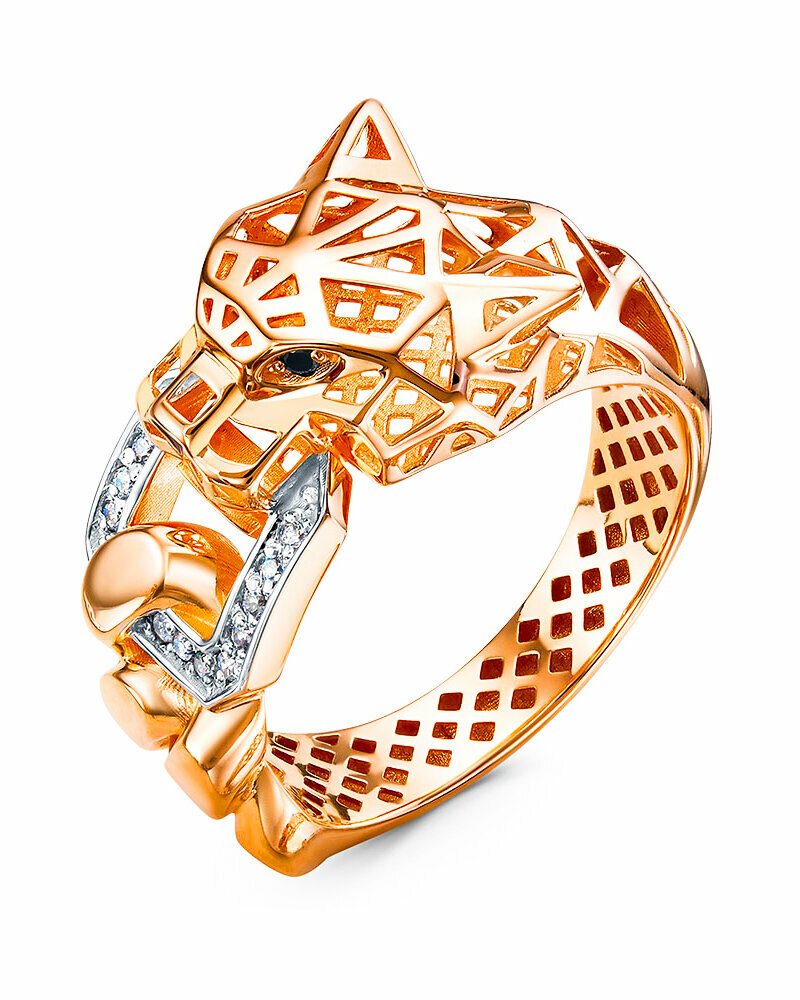 Кольцо на фалангу, красное золото, 585 проба, фианит, эмаль