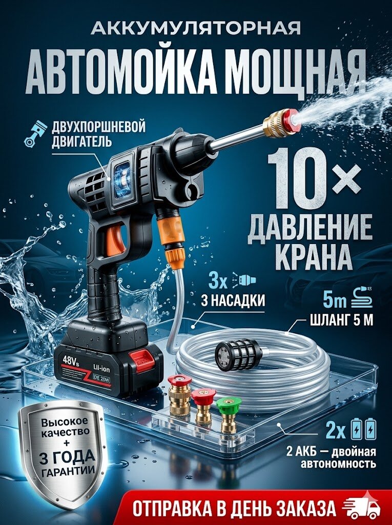 Мойка высокого давления аккумуляторная для автомобиля, Автомойка, в кейсе 2 аккумулятора, 3 насадки