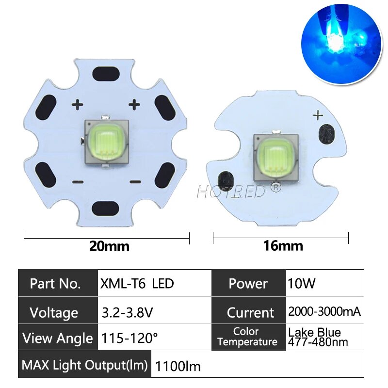 Голубой LED диод XLM-Lake Blue T6 10W