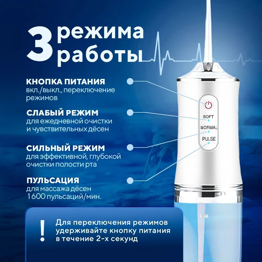 Ирригатор для полости рта портативный, медицинский, беспроводной, 3 режима, 4 насадки