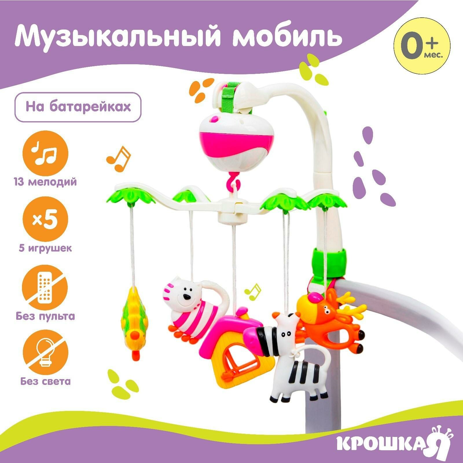 Мобиль музыкальный Крошка Я "Зоопарк", пластик/текстиль, работает от батареек